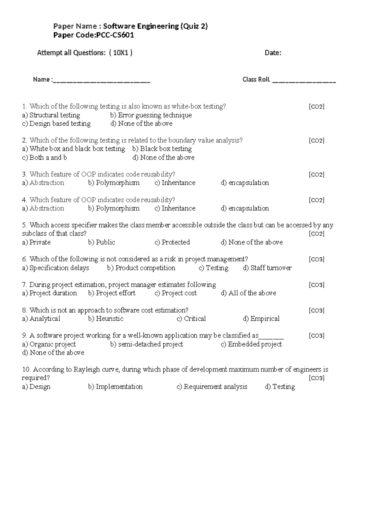 Quiz 2: Software Engineering Questions and Answers - Studocu