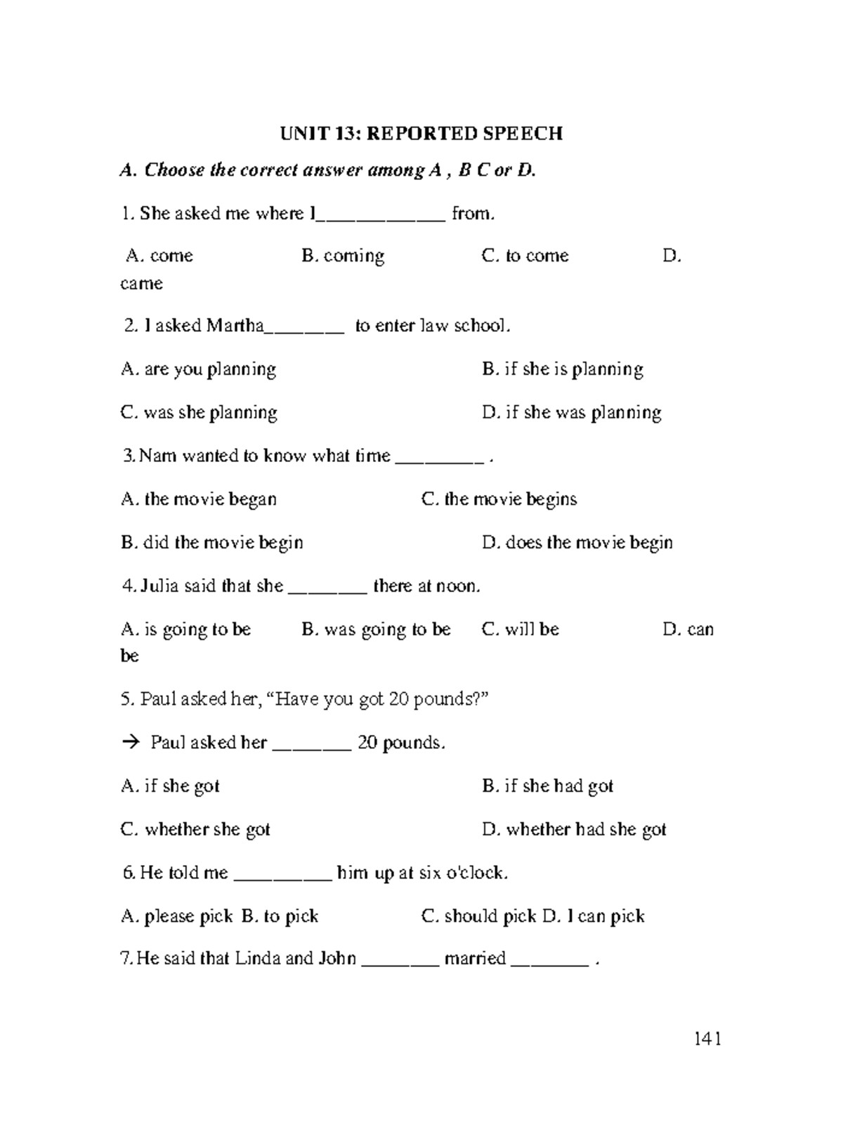 UNIT 13: REPORTED SPEECH - Multiple Choice Questions - Studocu