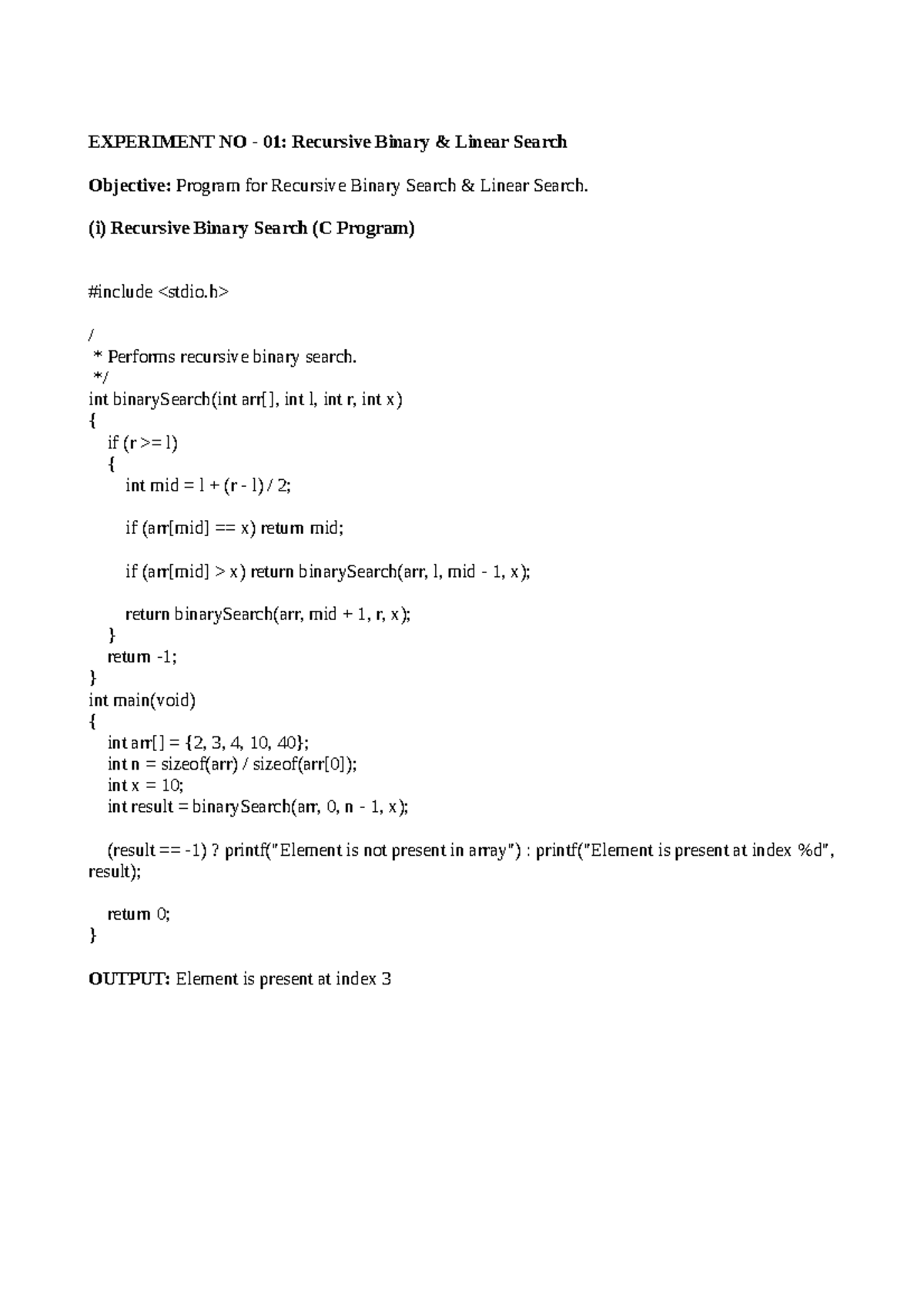 Daa - Lab Manual: Recursive Search & Sorting Algorithms - Studocu