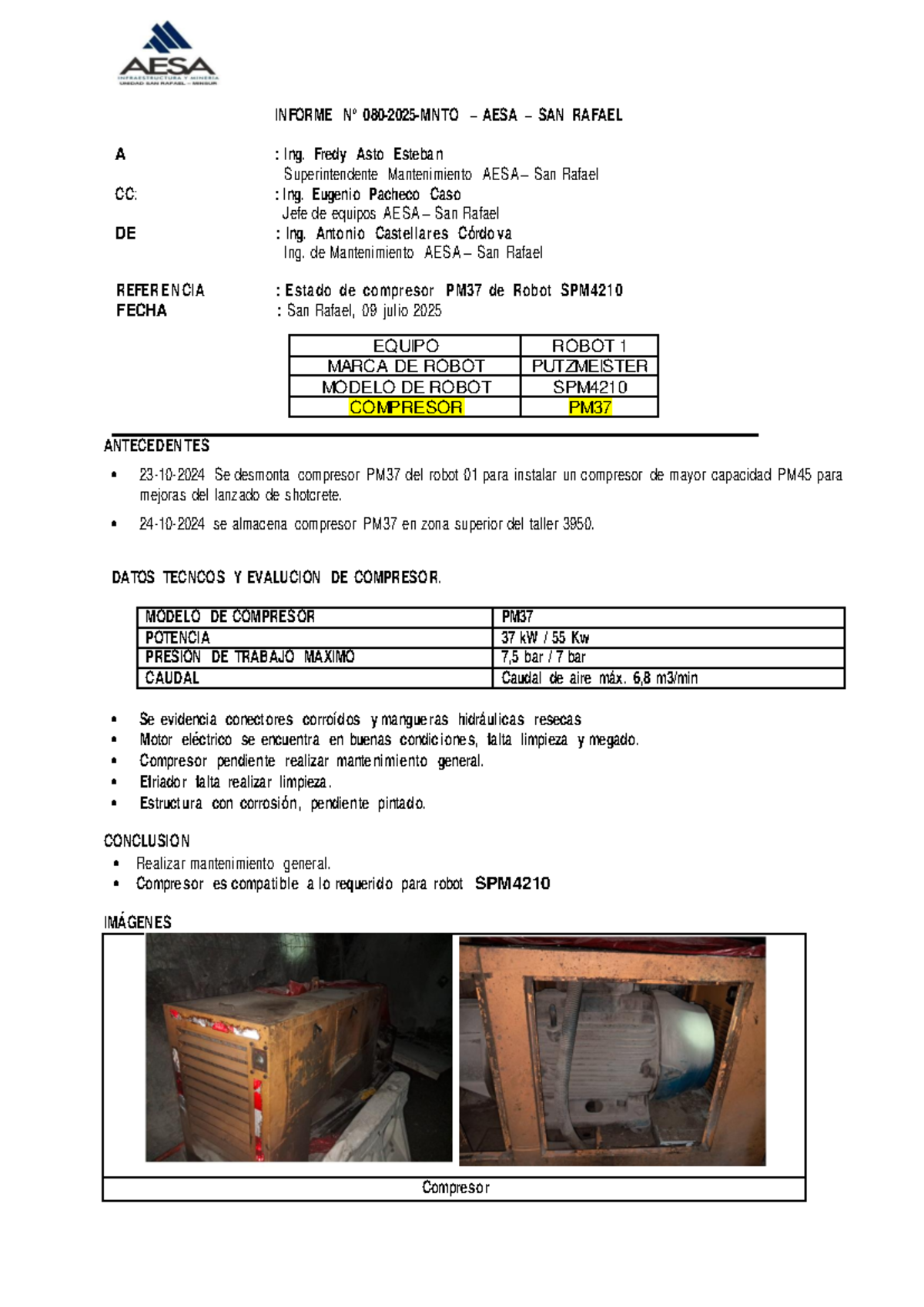 Informe 080-2025: Evaluación y Mantenimiento Compresor PM37 SPM4210 - Studocu