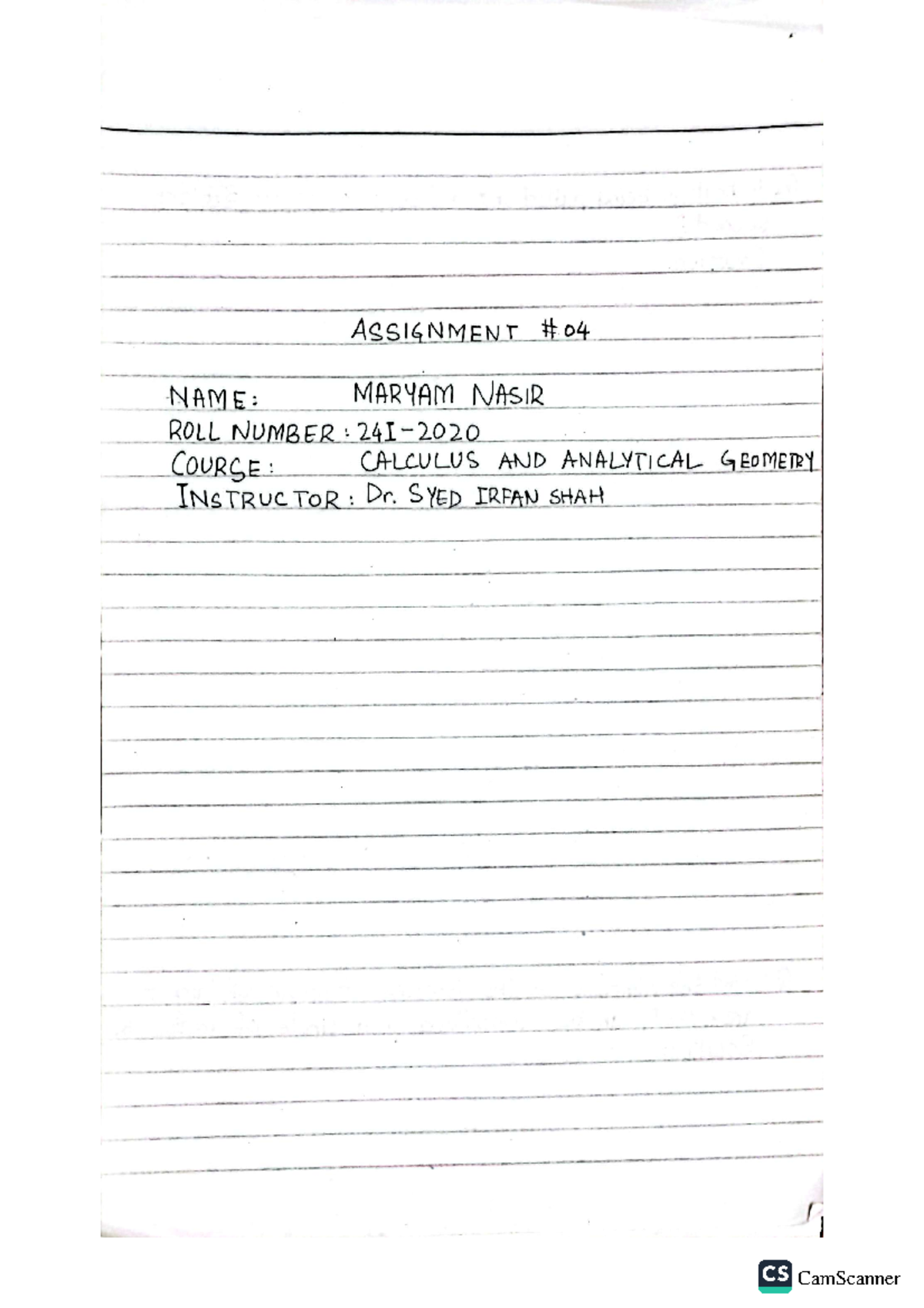 calculus assignment 4 - ASSIGNMENT NAM E: MARYAM NASIR ROLL NUMBER ...