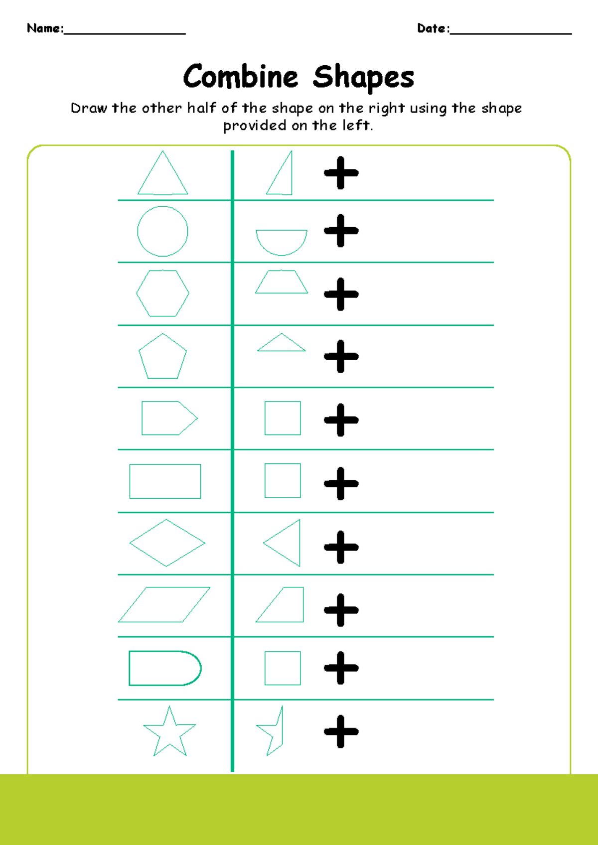 Combine Shapes - Kindergarten Worksheet - Draw the other half of the ...