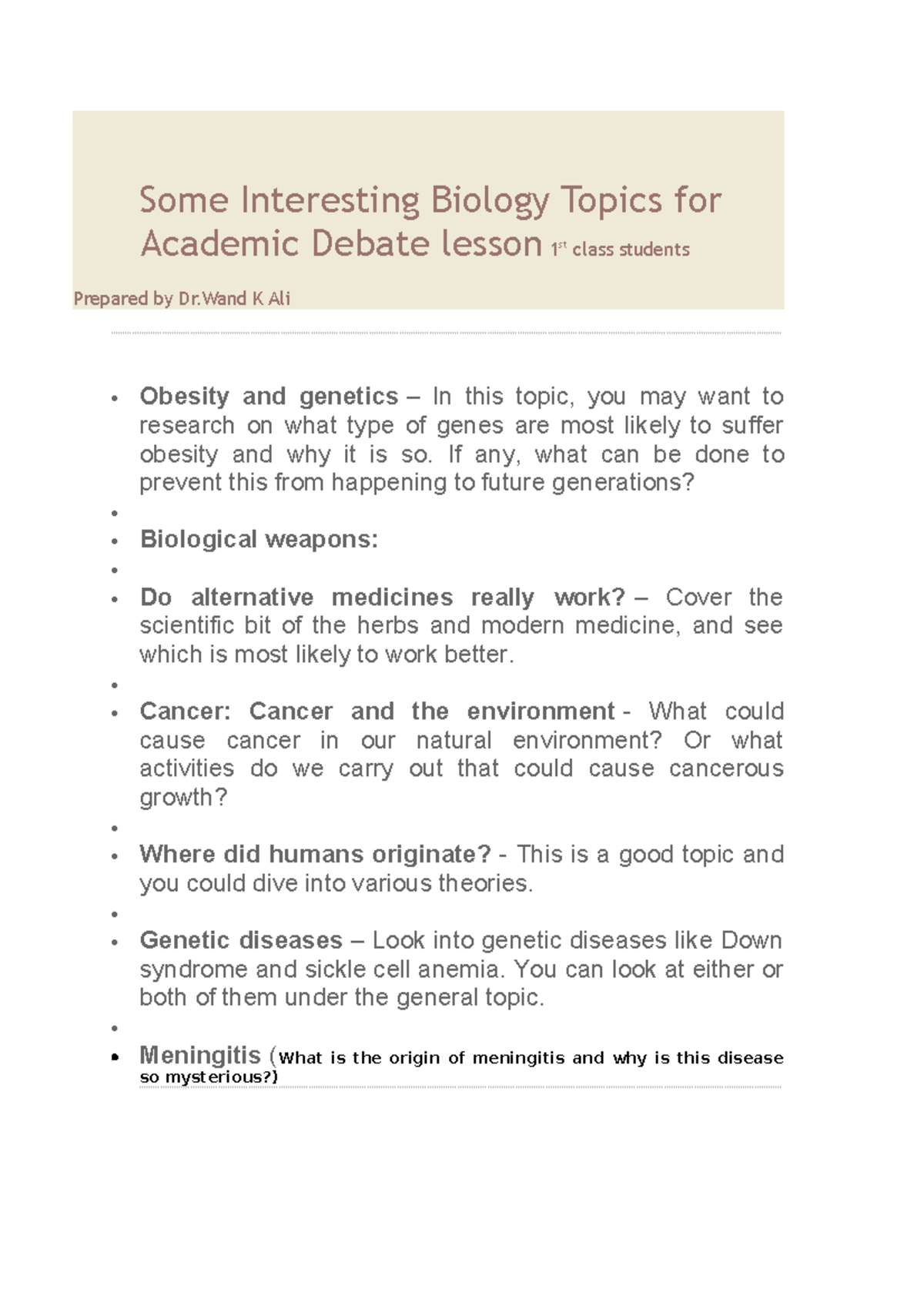 Some Interesting Biology Topics for Academic Debate lesson 1st class ...