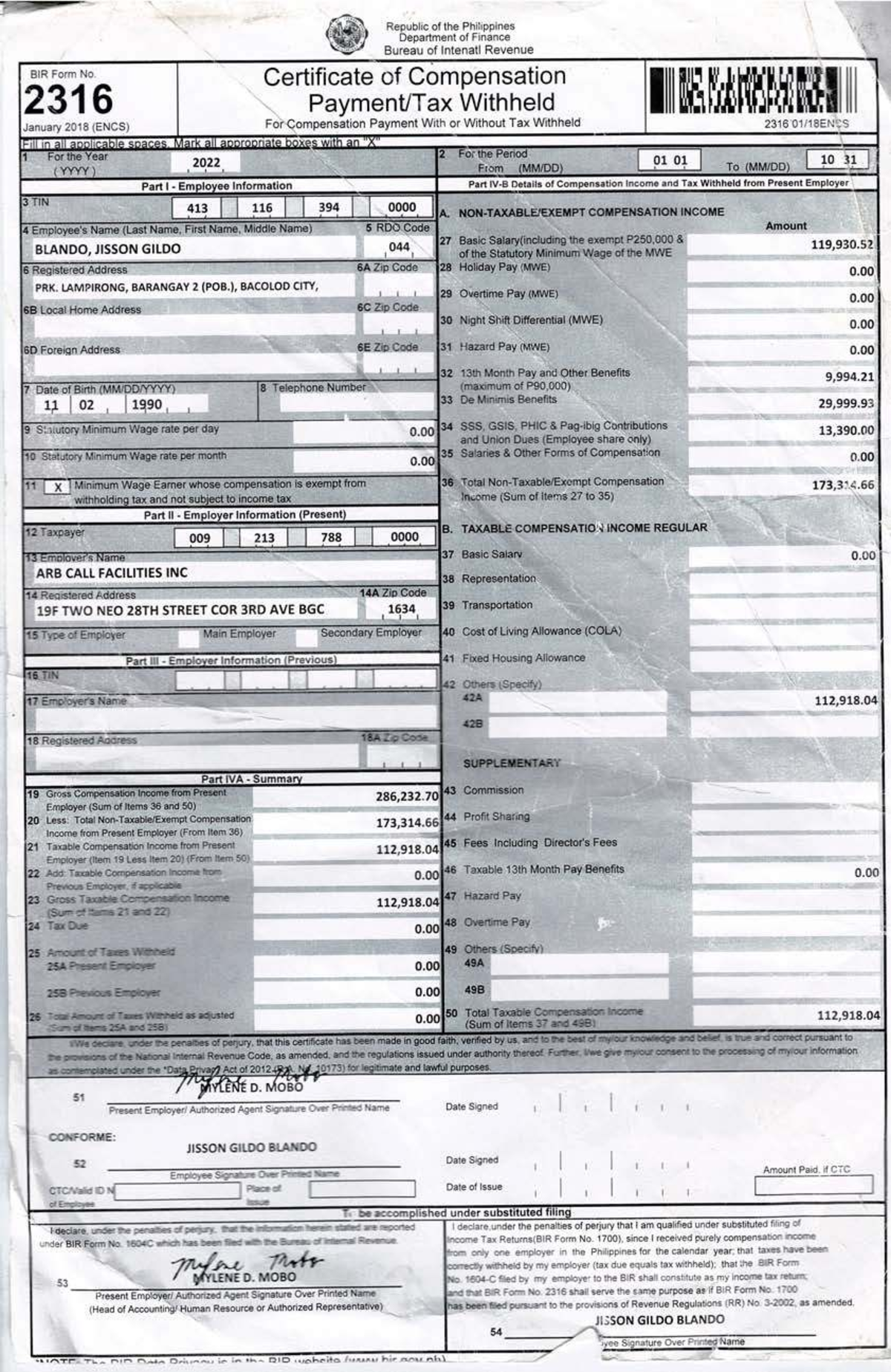 BIR Form No. 2316 Certificate of Compensation for 2022 - Studocu