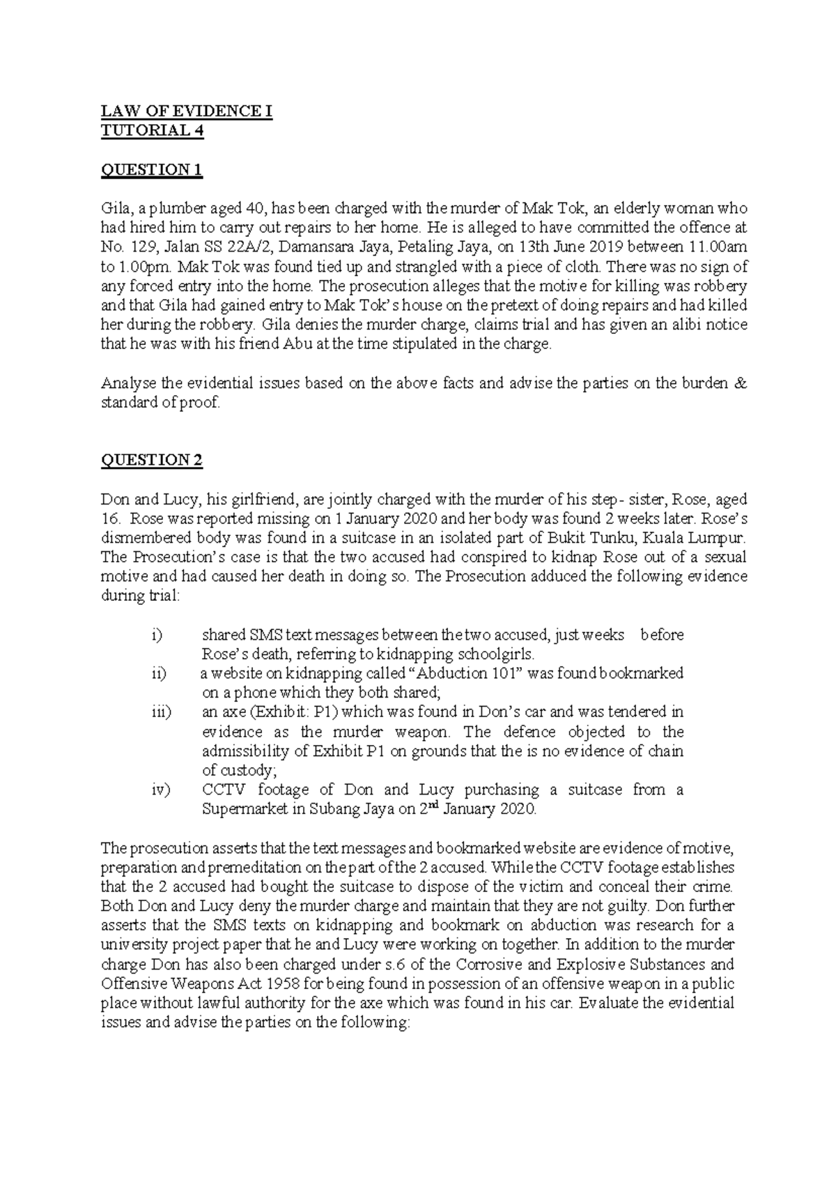 LAW OF EVIDENCE I TUTORIAL 4: Analysis of Murder Cases and Evidential ...