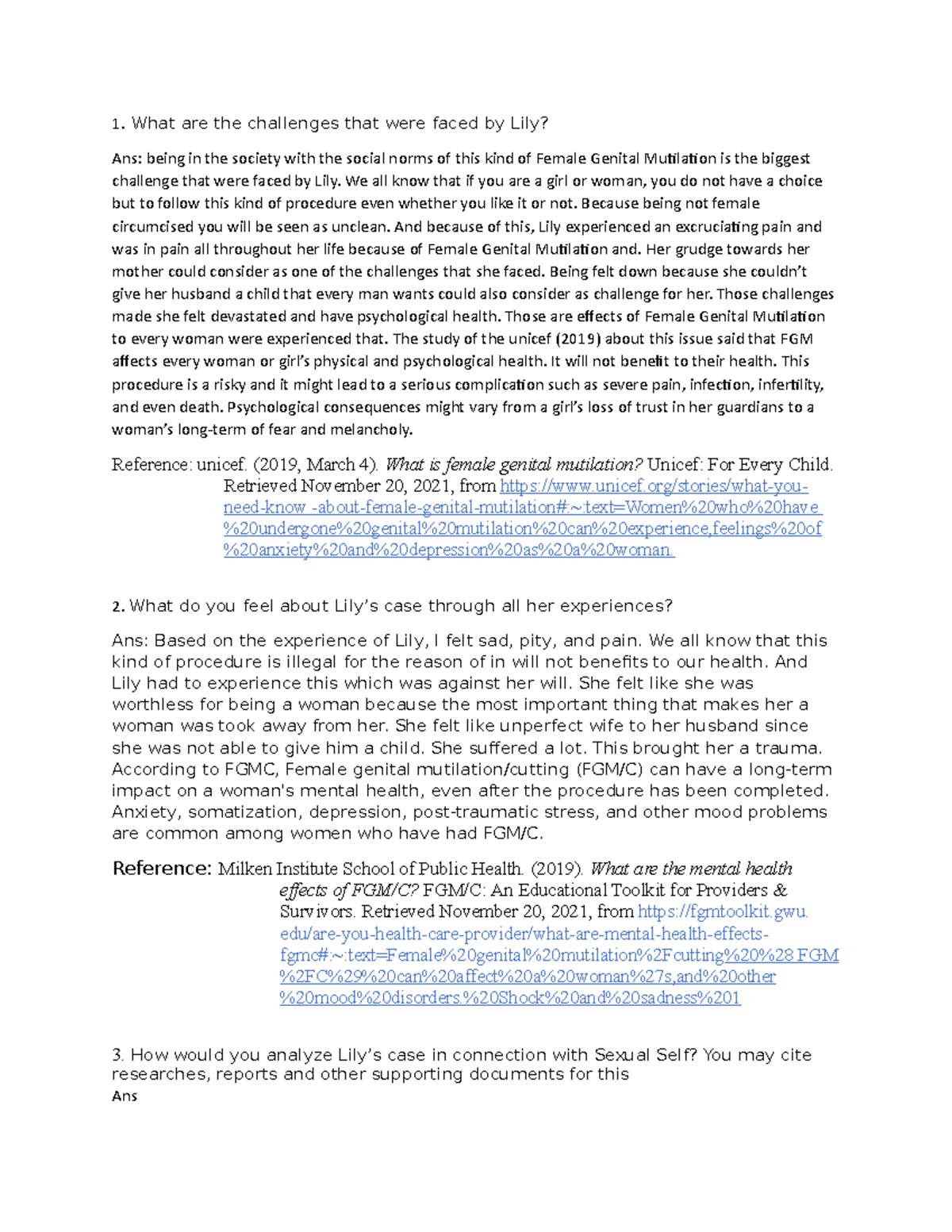 Case Study: The Psychological Impact of FGM on Lily's Life - Studocu