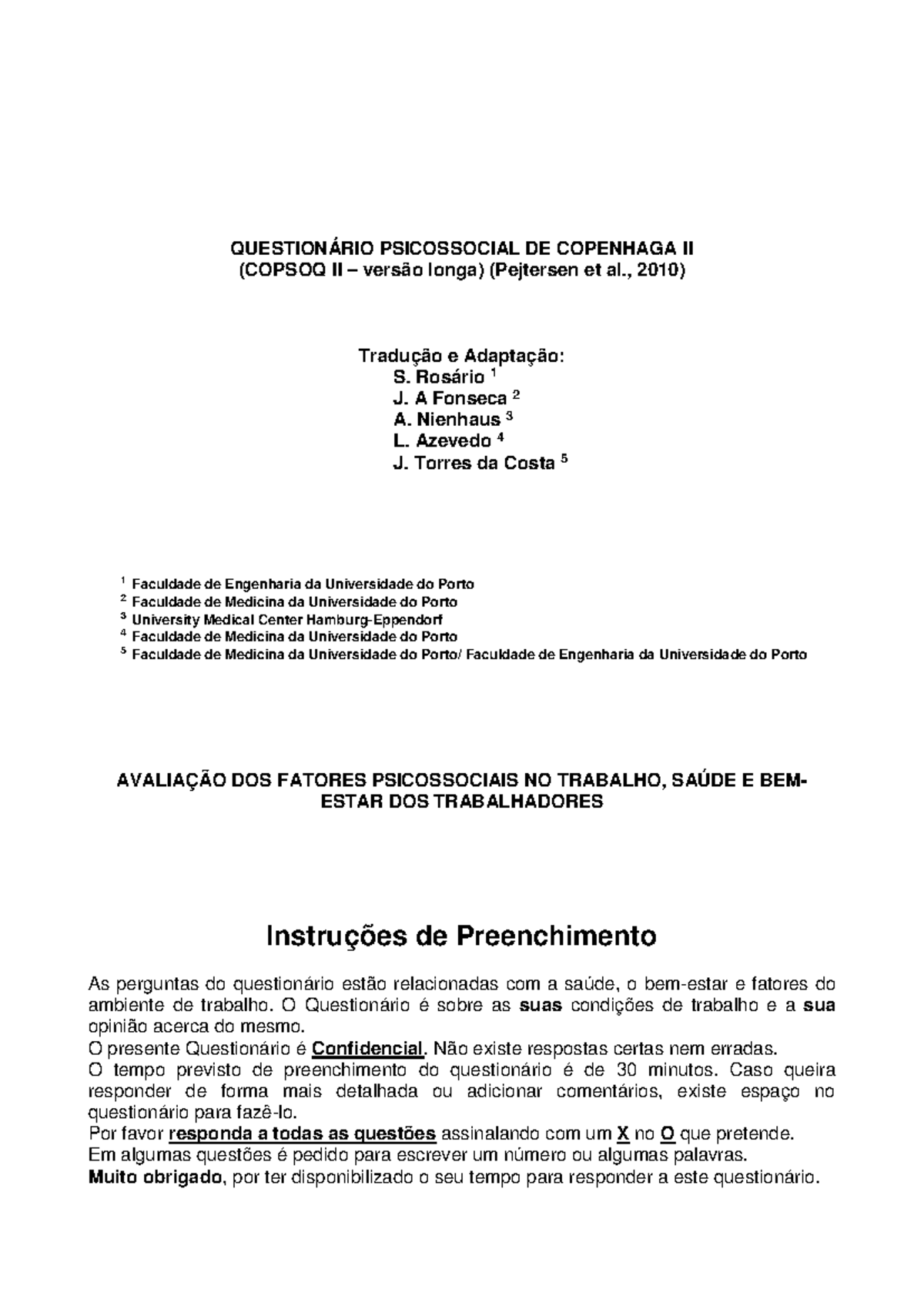Questionário Psicossocial de Copenhaga II - COPSOQ II Versão Longa - Studocu