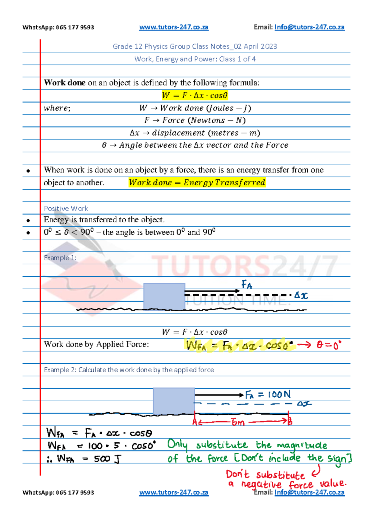 Grade 12 Physics Class Notes: Work, Energy & Power Concepts - Studocu