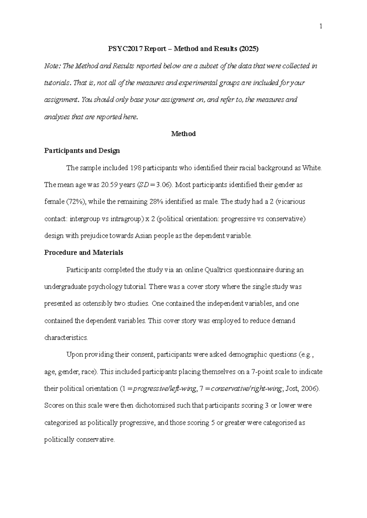 PSYC2017 Final Report: Method & Results on Prejudice Study (2025) - Studocu