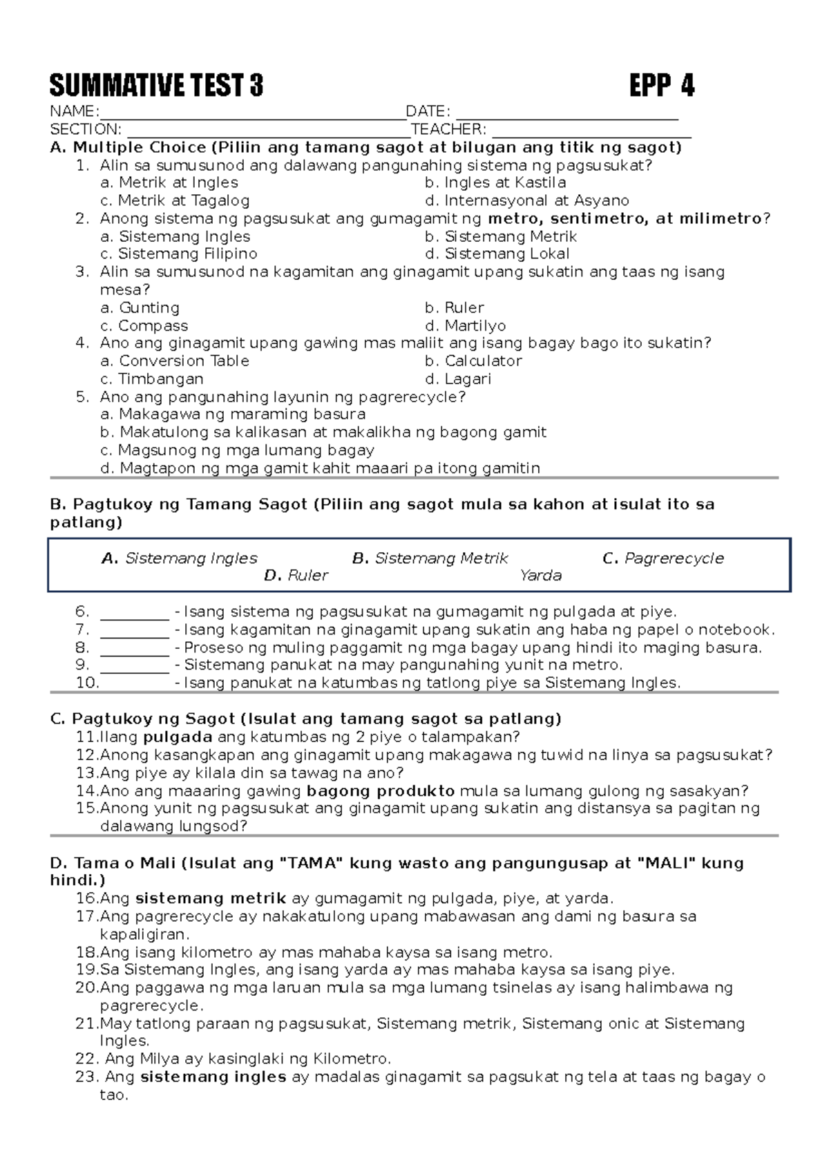 EPP 4 Summative Test 3: Multiple Choice & Answer Key - Studocu
