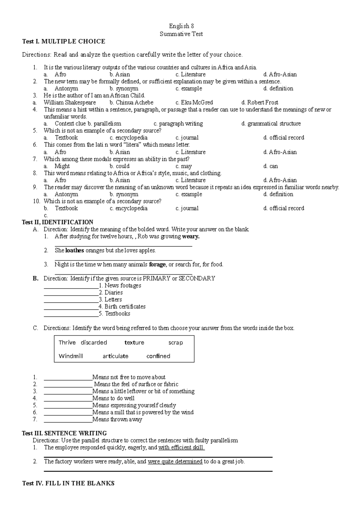 English 8 Summative Test: Multiple Choice, Identification & Writing ...