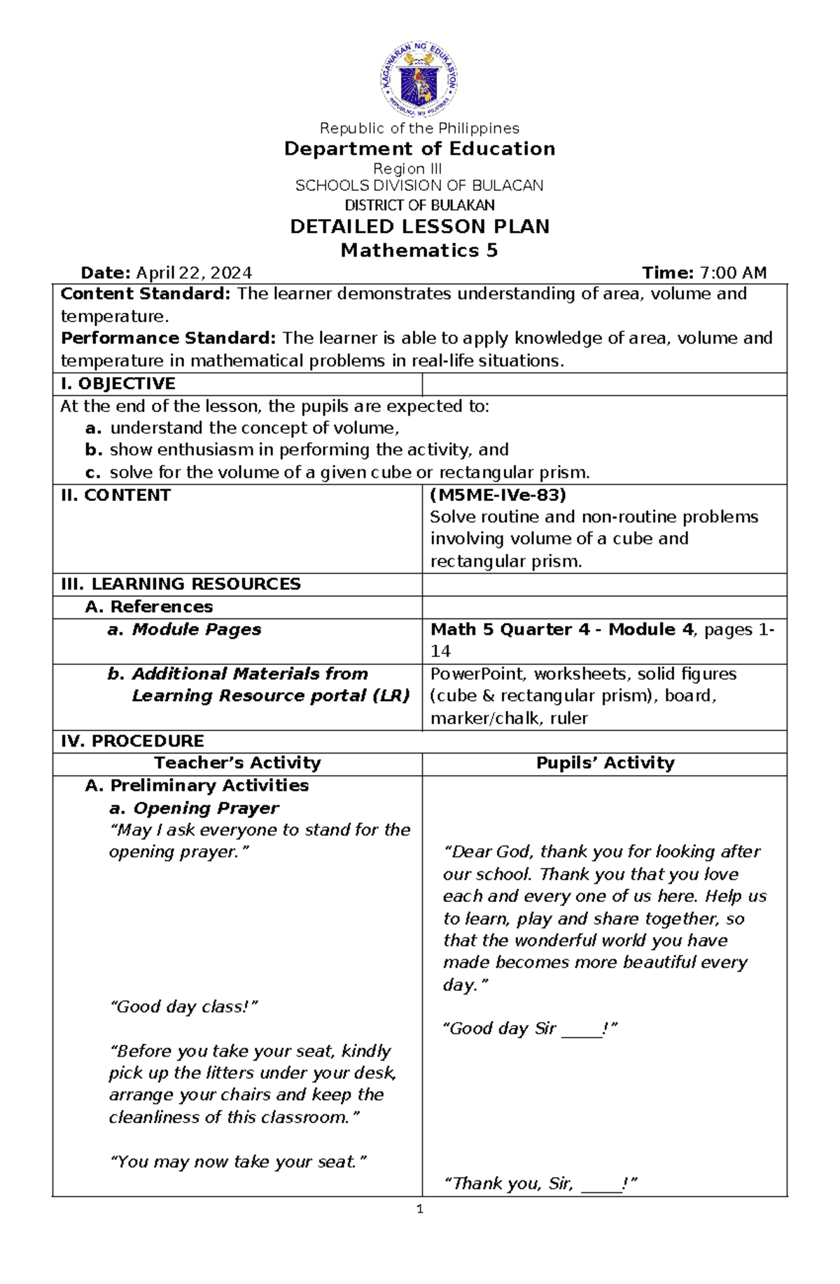 DLP Math 5: Detailed Lesson Plan on Volume Concepts - Studocu