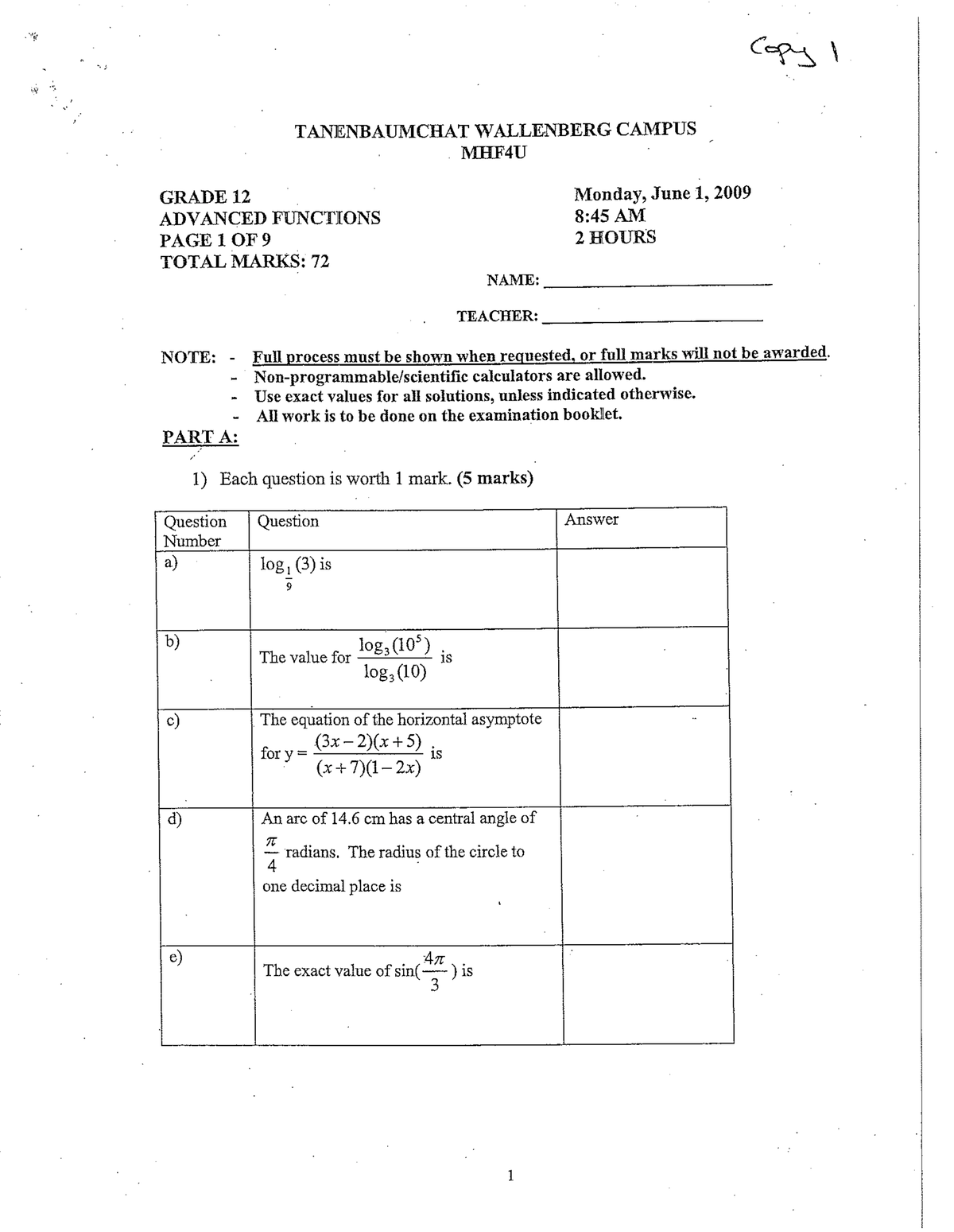 MHF4U Grade 12 Advanced Functions Exam Review Notes (Pages 1-9) - Studocu