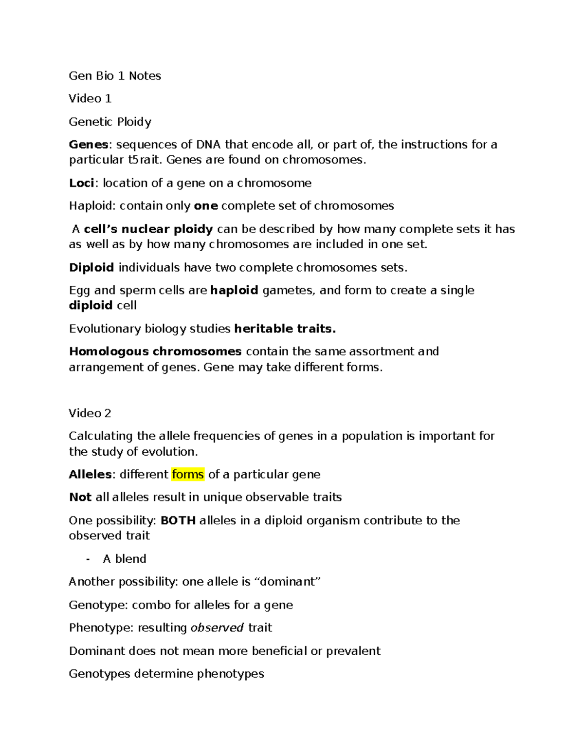 Gen Bio 1 Lecture Notes: Genetic Ploidy and Allele Frequencies - Studocu