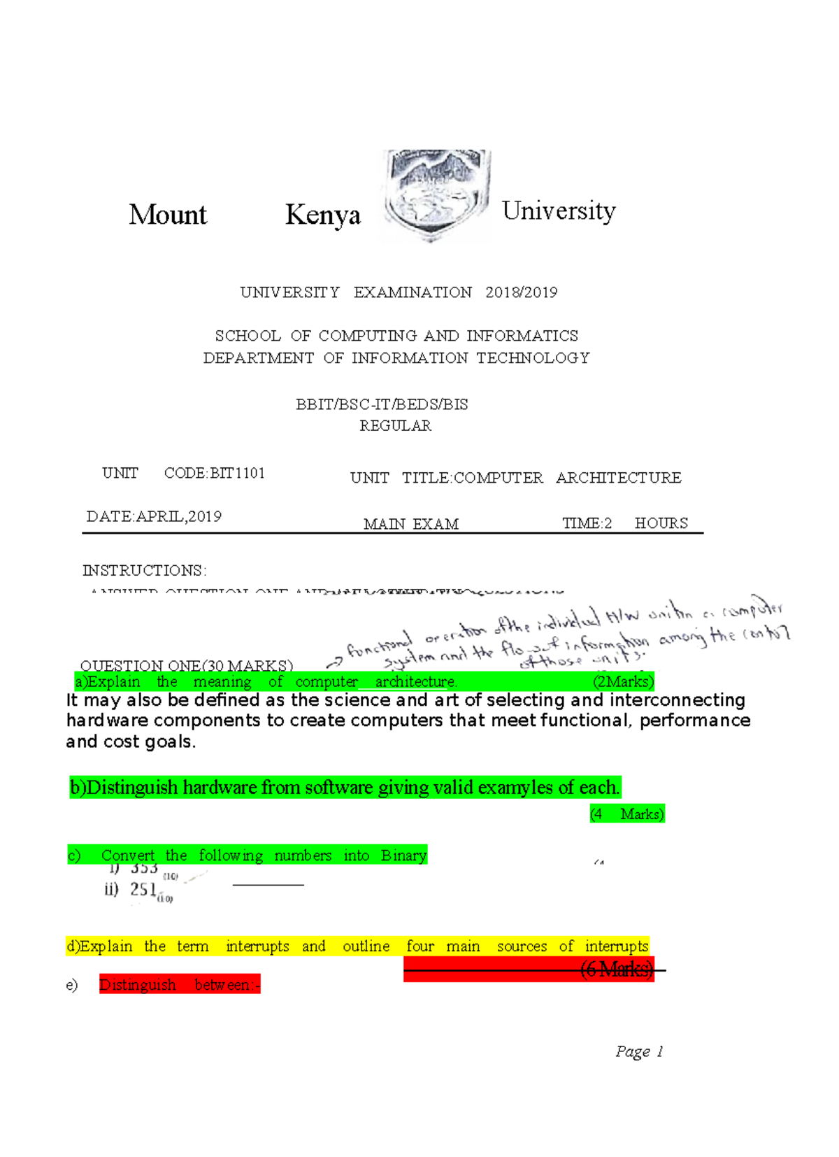 BIT1101 Computer Architecture Final Exam Notes - April 2019 - Studocu