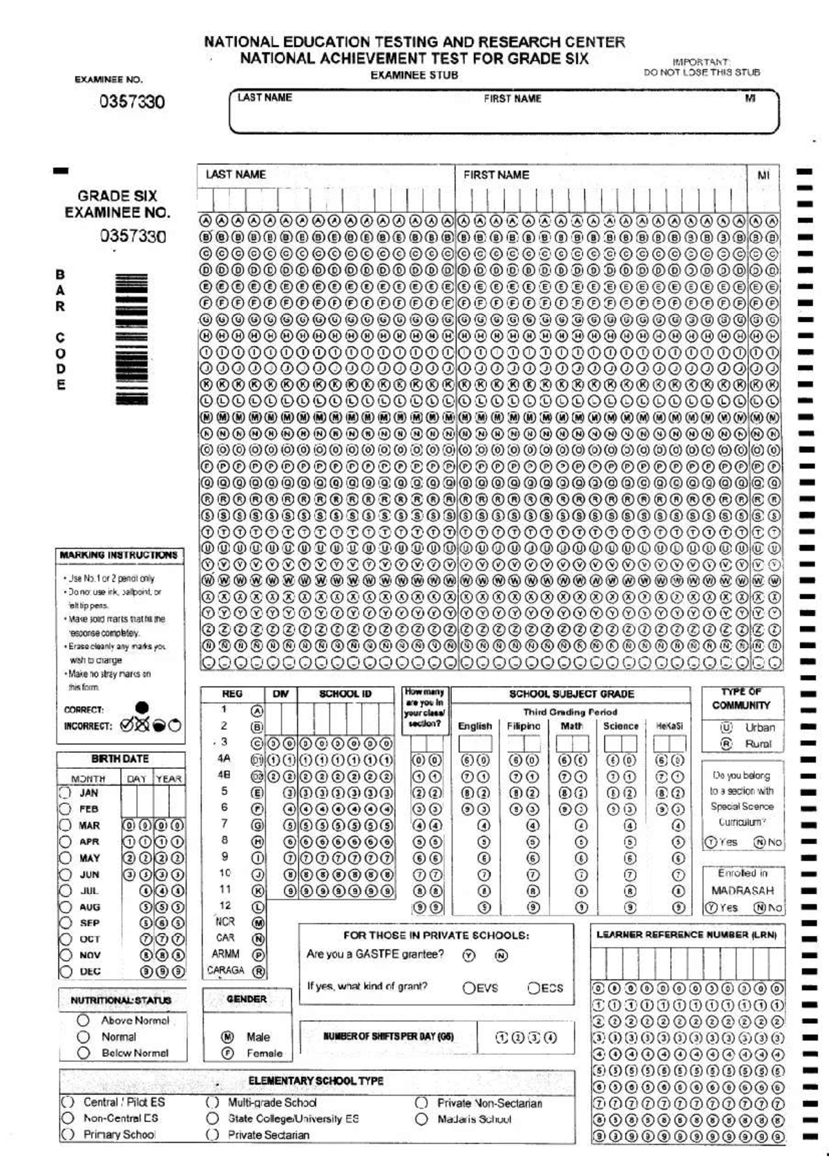 NAT GRADE 6 ANSWER SHEET: EXAMINEE INSTRUCTIONS & DETAILS - Studocu