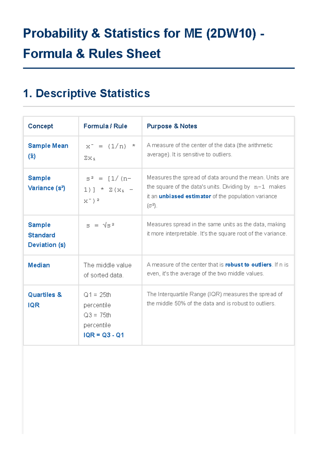 Probability & Statistics for ME (2DW10) Formula Rules Overview ...