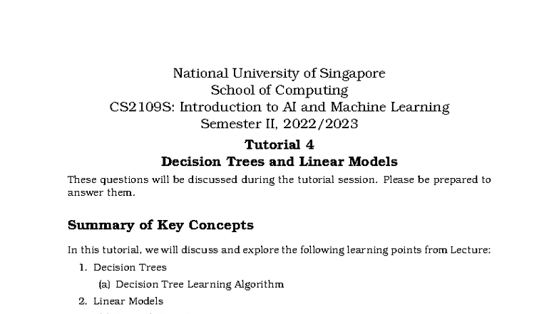 CS2109S: Tutorial 4 - Decision Trees & Linear Models Overview - Studocu