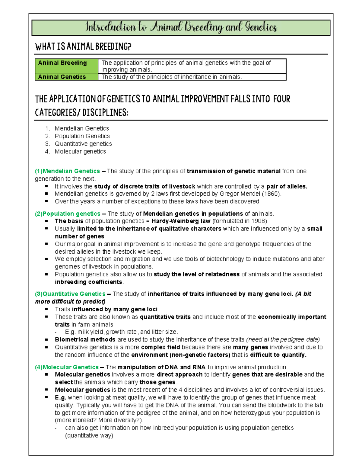 T1: Animal Breeding and Genetics: Key Concepts and Principles - Studocu