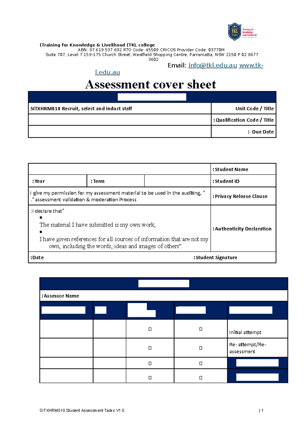 SITXHRM010 Student Assessment Tasks: Recruit, Select & Induct Staff ...