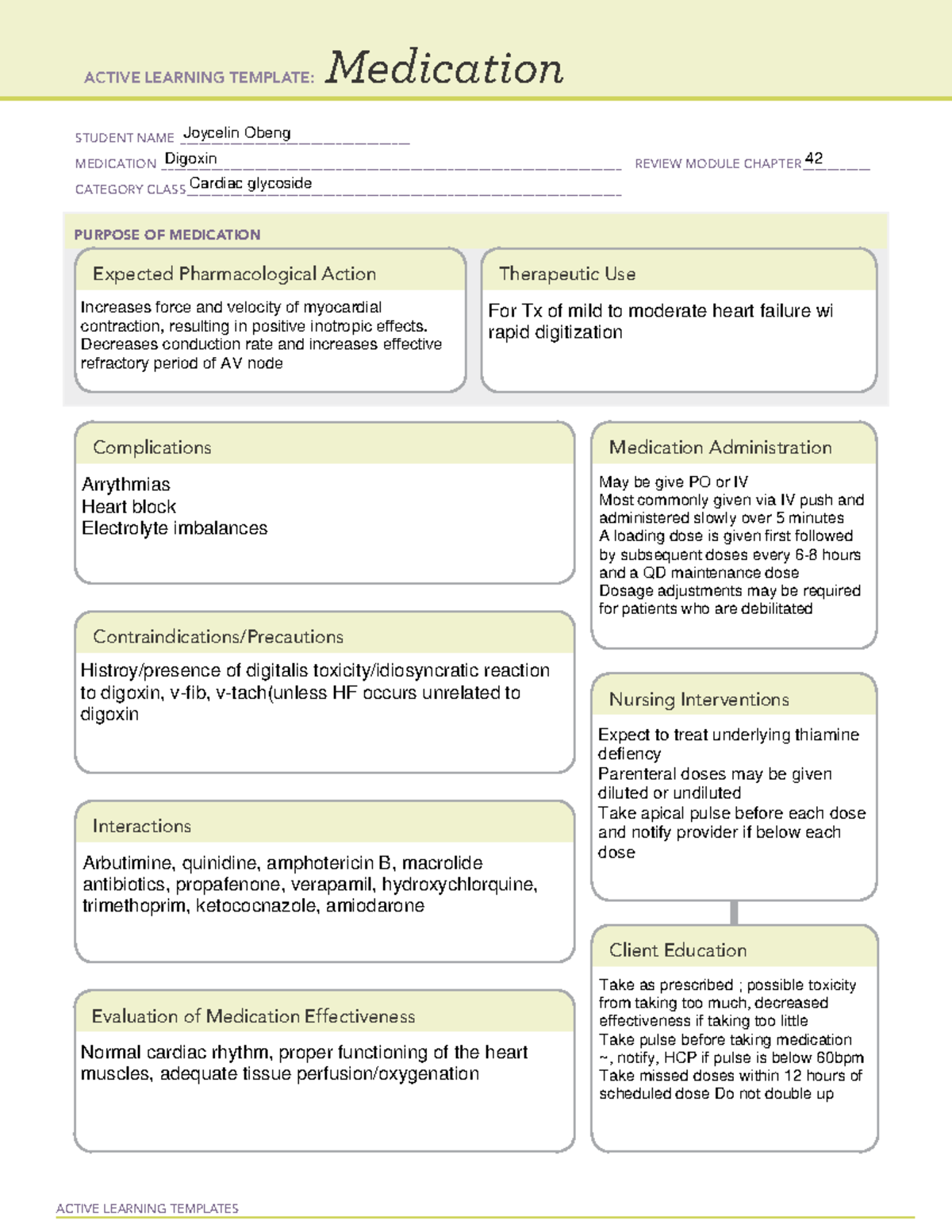 Digoxin (Cardiac Glycoside) Active Learning Template - Studocu