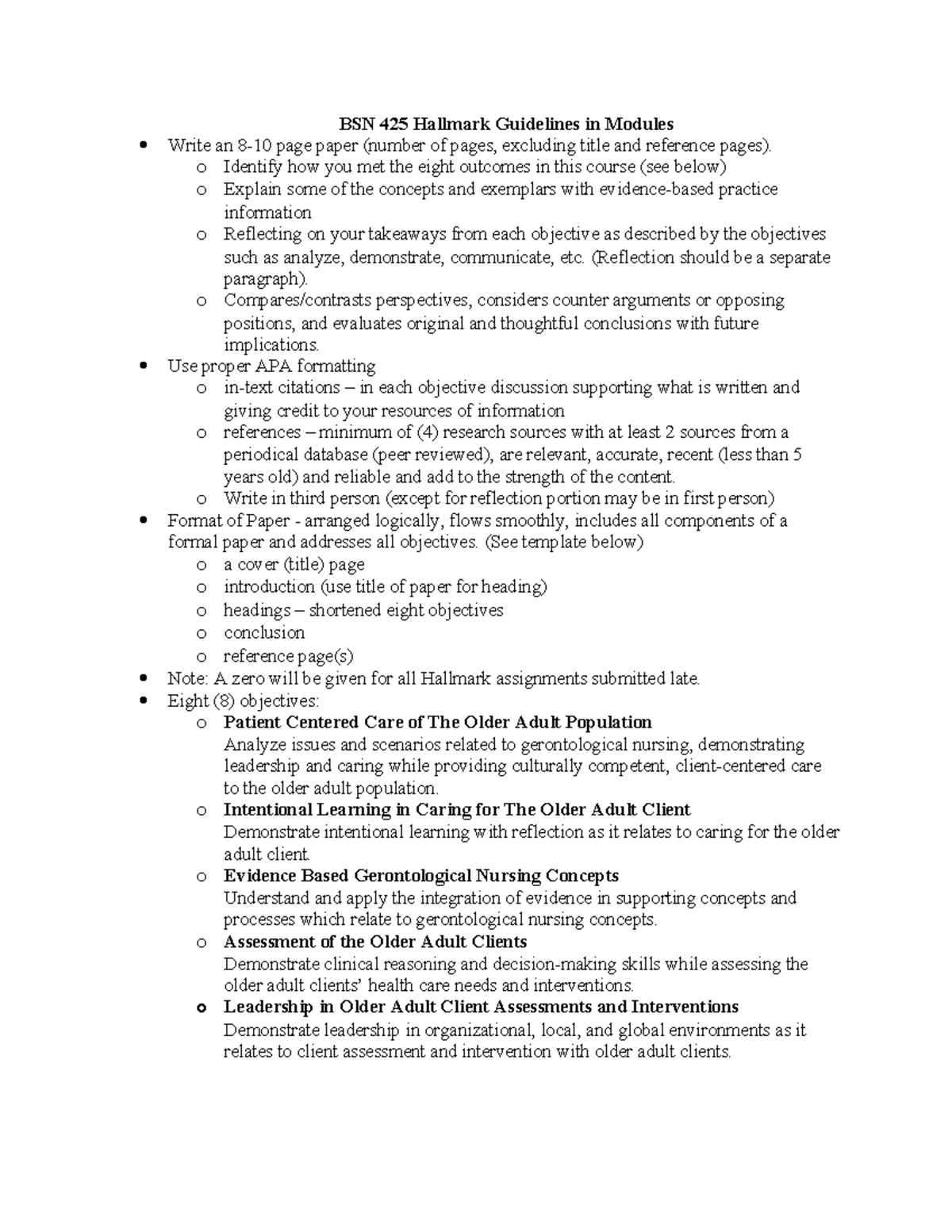 BSN 425 Hallmark Paper Guidelines: Structure & Requirements - Studocu
