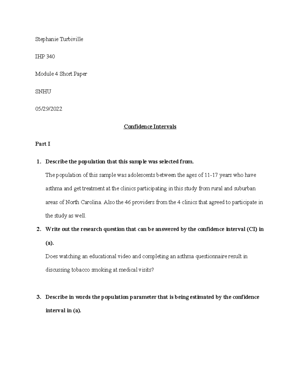 IHP 340 Module 4 Short Paper: Analyzing Confidence Intervals in ...