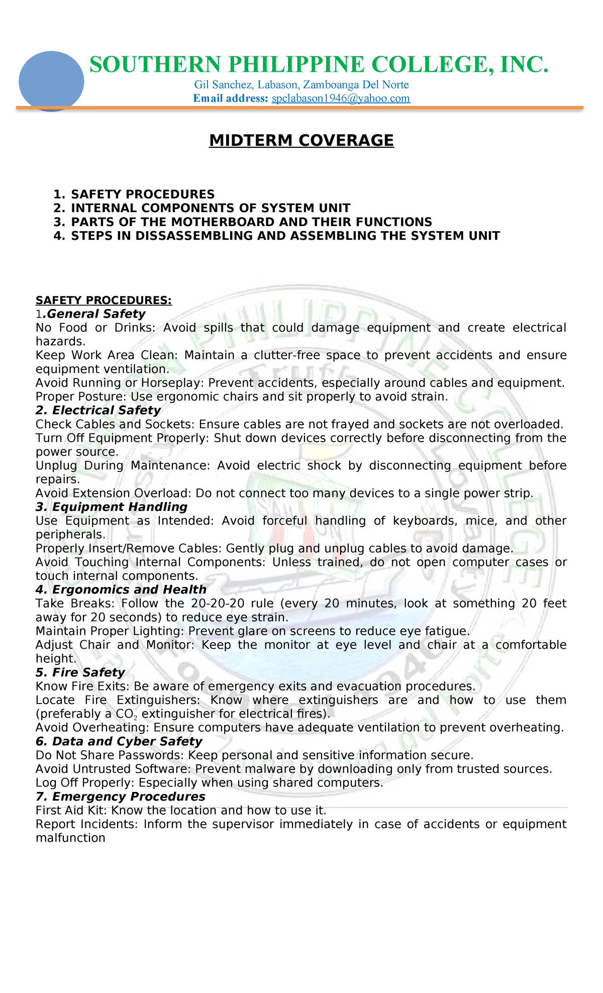 CSS- Midterm Coverage: Safety Procedures & System Unit Components - Studocu