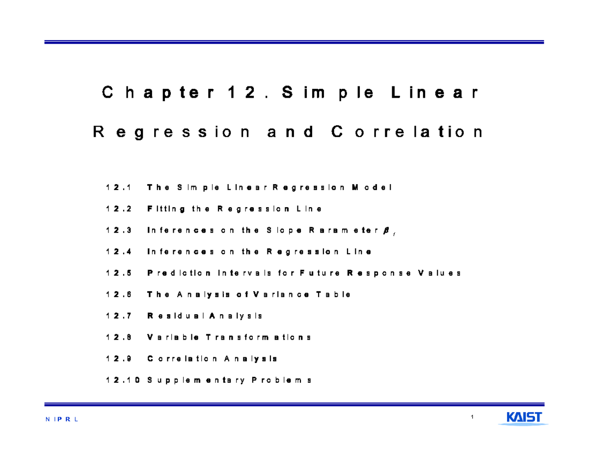 Chapter 12: Simple Linear Regression & Correlation Analysis NIPRL - Studocu