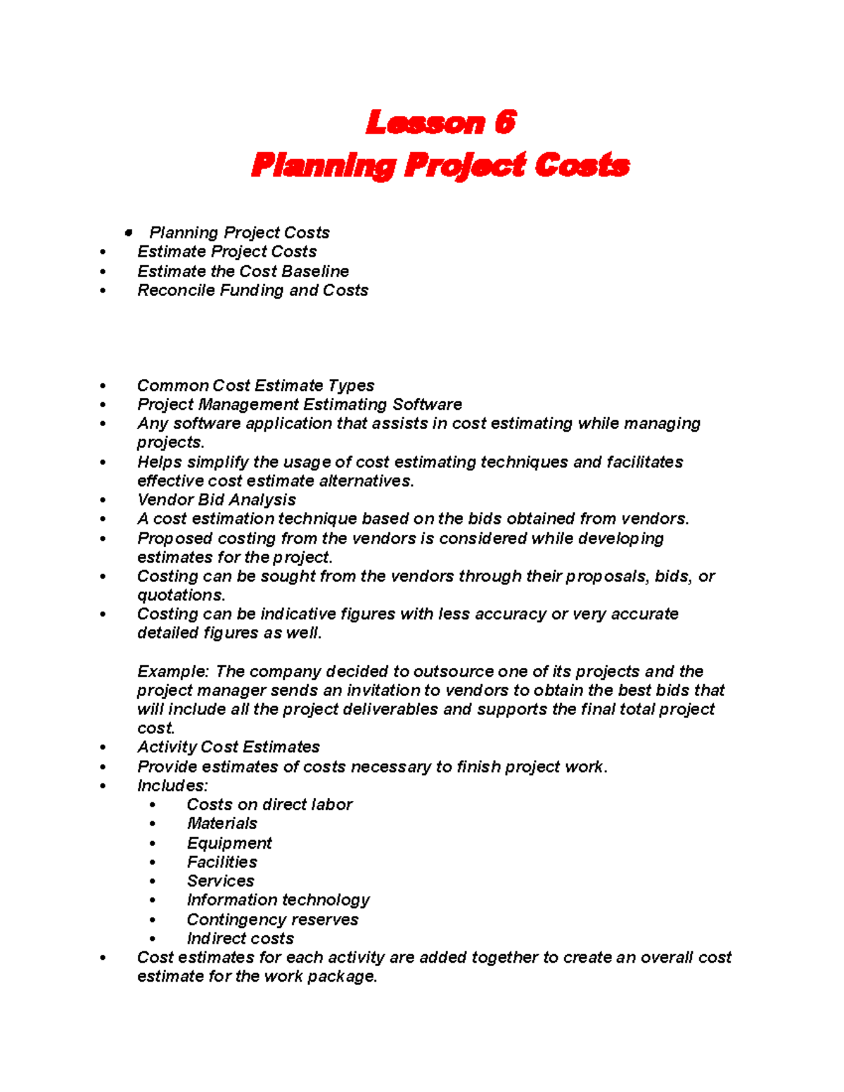 Lesson 6 (Planning Project Costs) - Lesson 6 Planning Project Costs ...