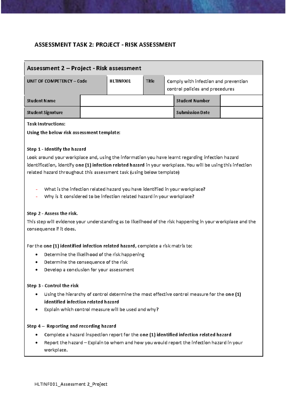 HLTINF001 - Assessment Task 2: Project on Infection Risk Assessment ...