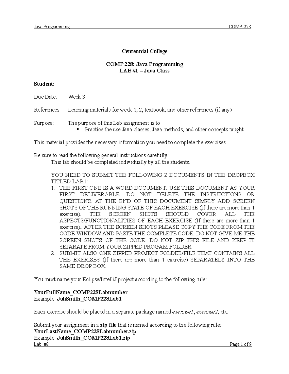 COMP228Lab1Absolute Final - Centennial College COMP 228: Java ...