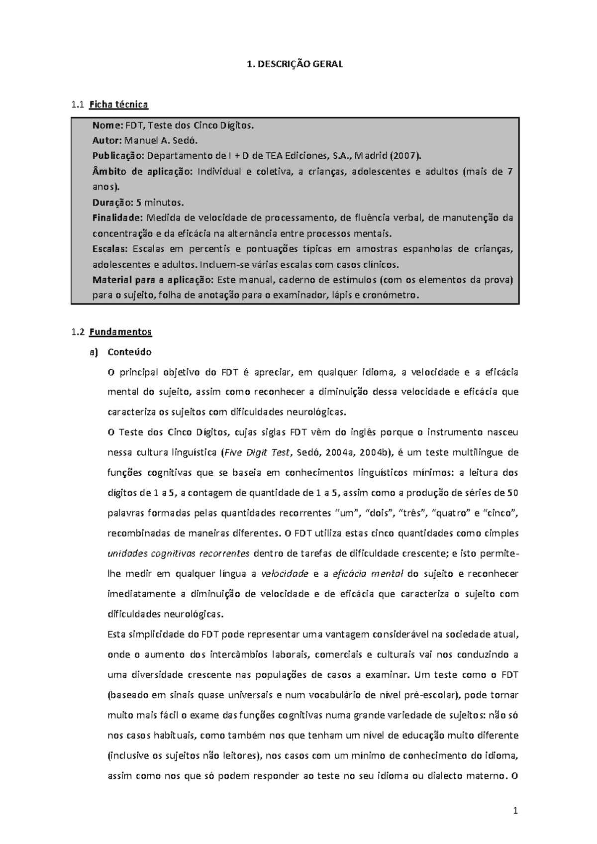 370040697-FDT-Teste dos Cinco Dígitos: Manual e Aplicações - Studocu