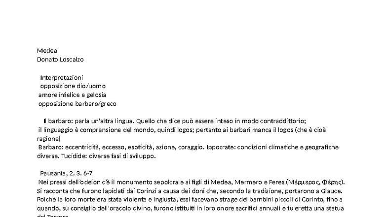 Medea - Appunti di Lezione su Amore, Gelosia e Tragedia - Studocu