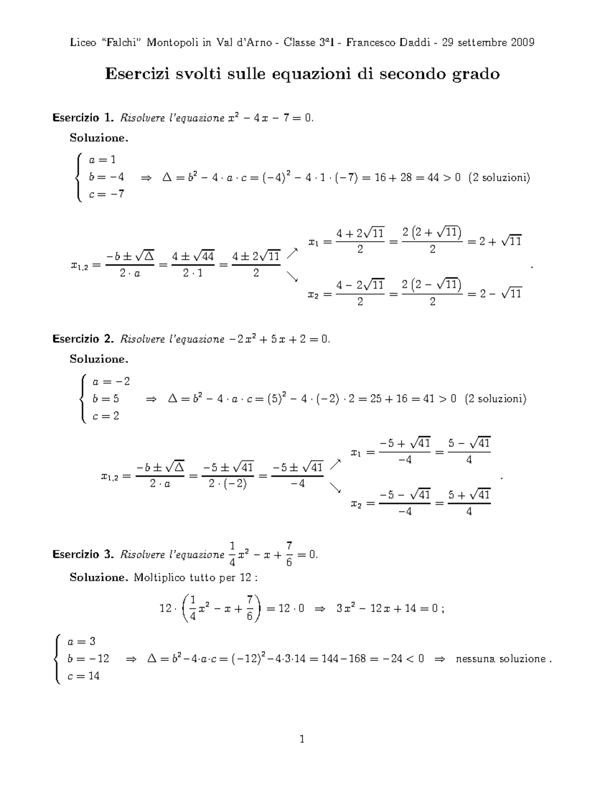 Esercizi Sulle Equazioni di Secondo Grado - Classe 3a I - Studocu