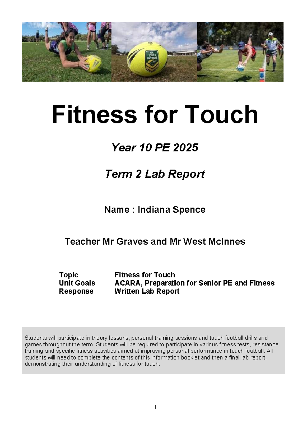 Fitness for Touch Football Year 10 PE 2025 Term 2 Lab Report - Studocu