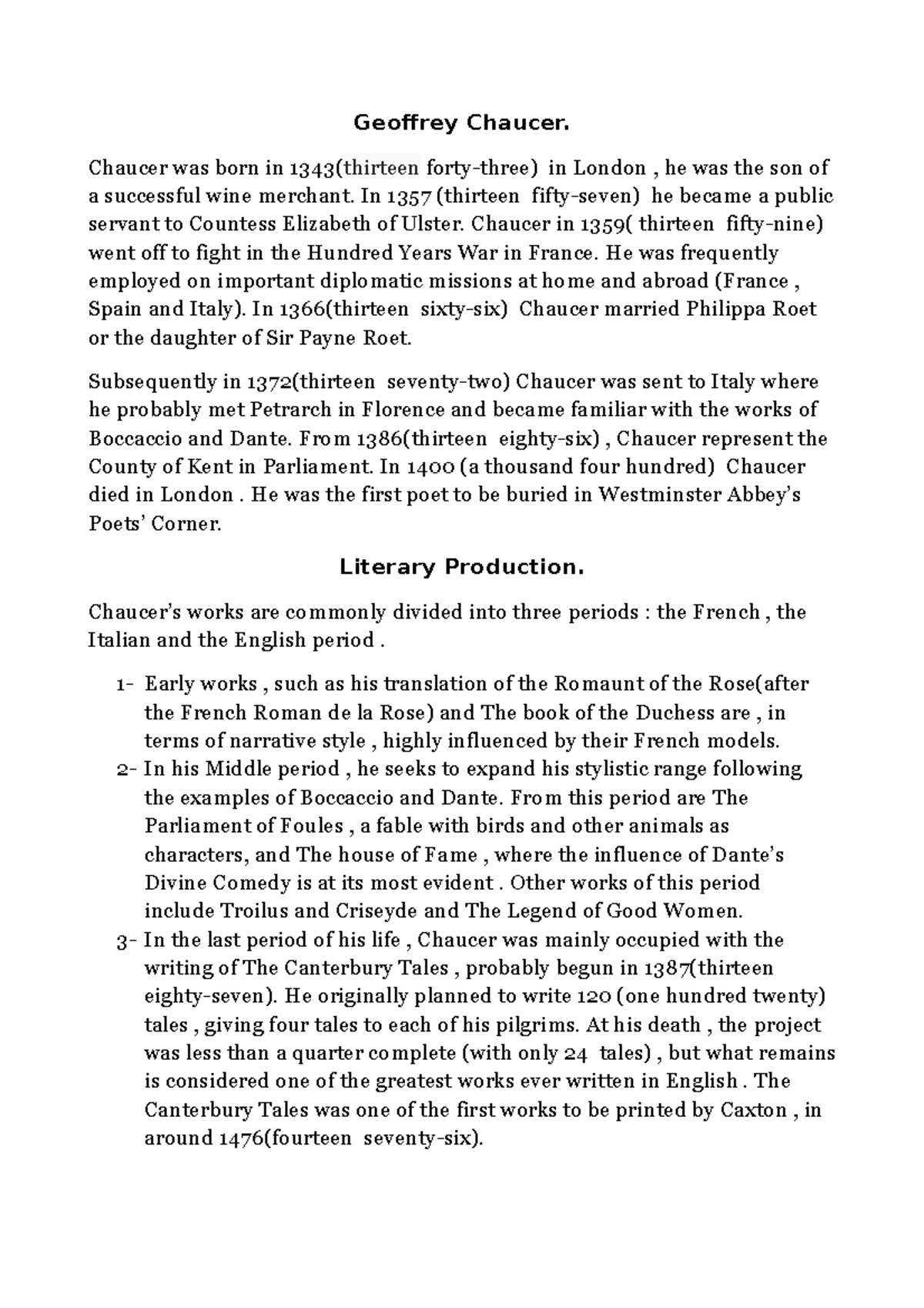 Geoffrey Chaucer: Life and Works Overview (1343-1400) - Studocu