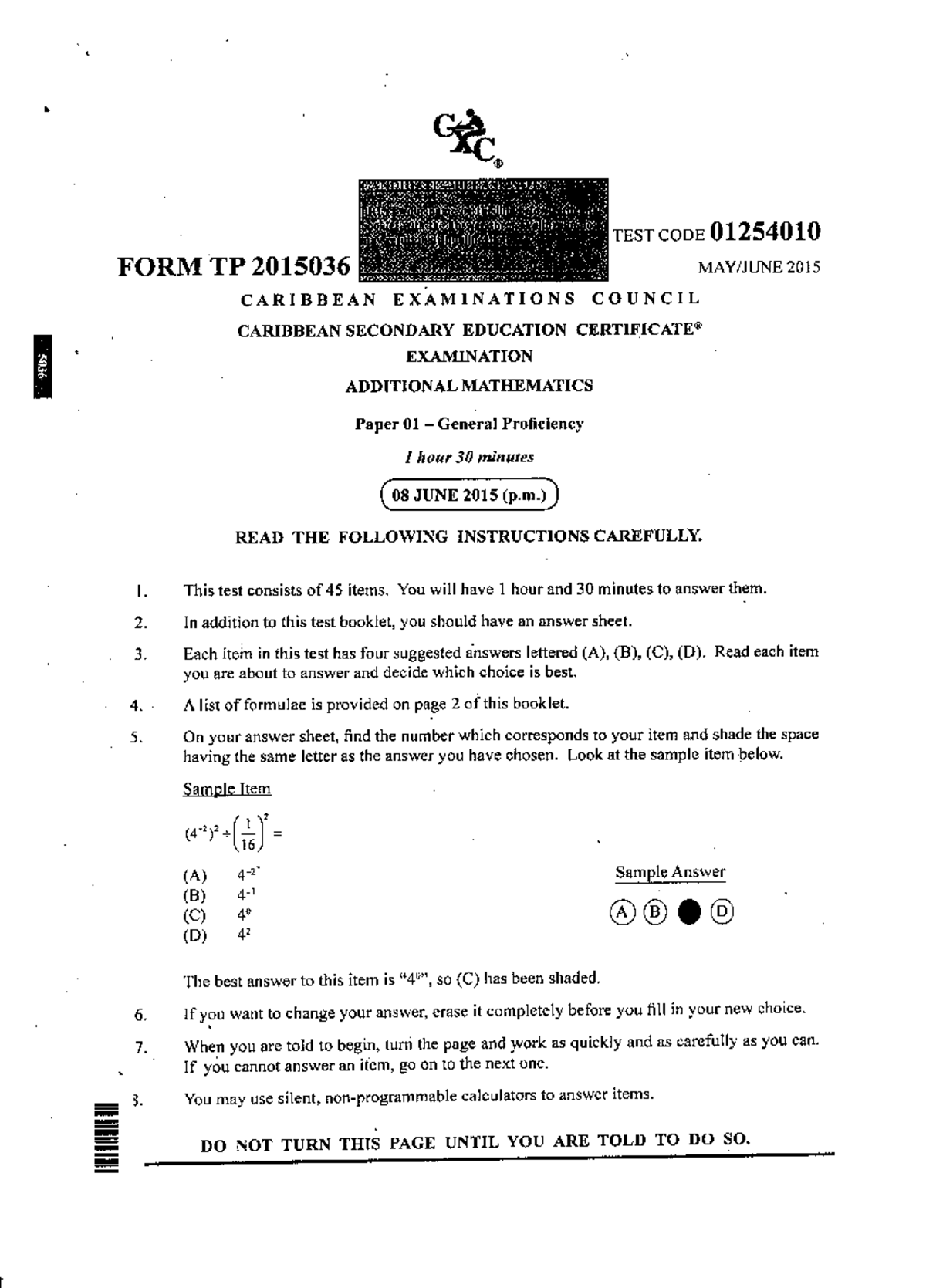 CSEC Additional Mathematics Paper 1 Exam 2015 - General Proficiency ...
