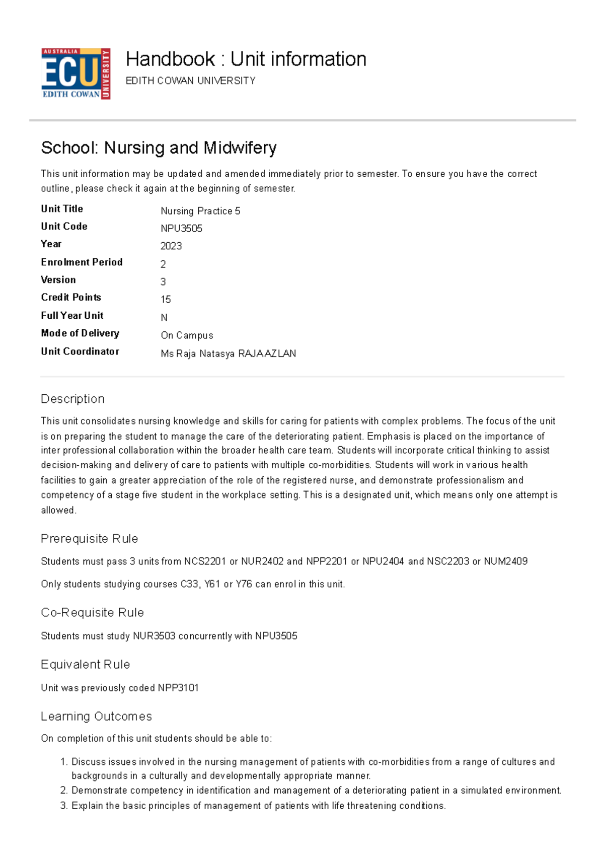 NPU3505 - Nursing Practice 5 Unit Information Handbook 2023 - Studocu