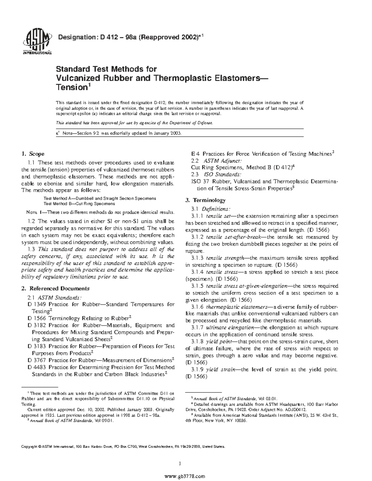 ASTM D 412 (2002)e1 Standard Test Methods for Tension in Rubber - Studocu