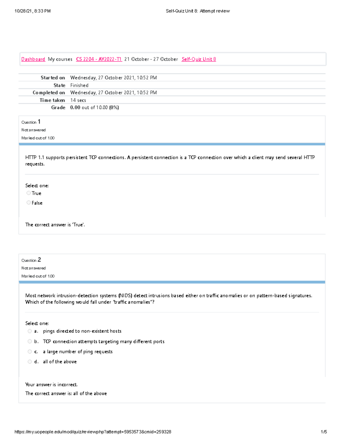 Self Quiz Unit 8 Attempt review - Started on Wednesday, 27 October 2021 ...