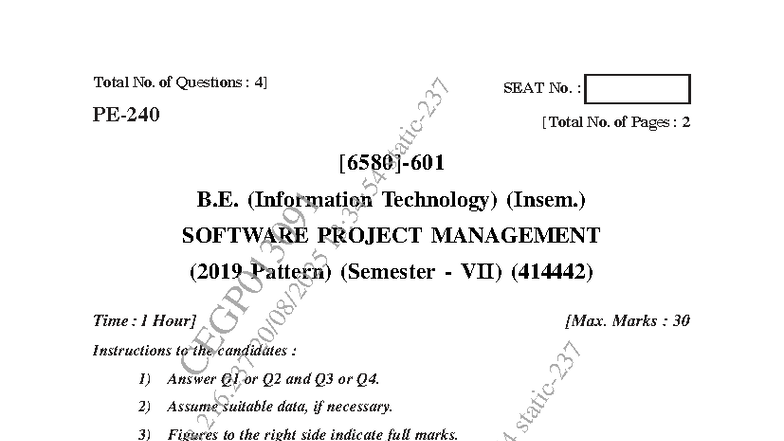 BE IT SPM PAPER - Software Project Management Insem Exam 2019 Pattern ...