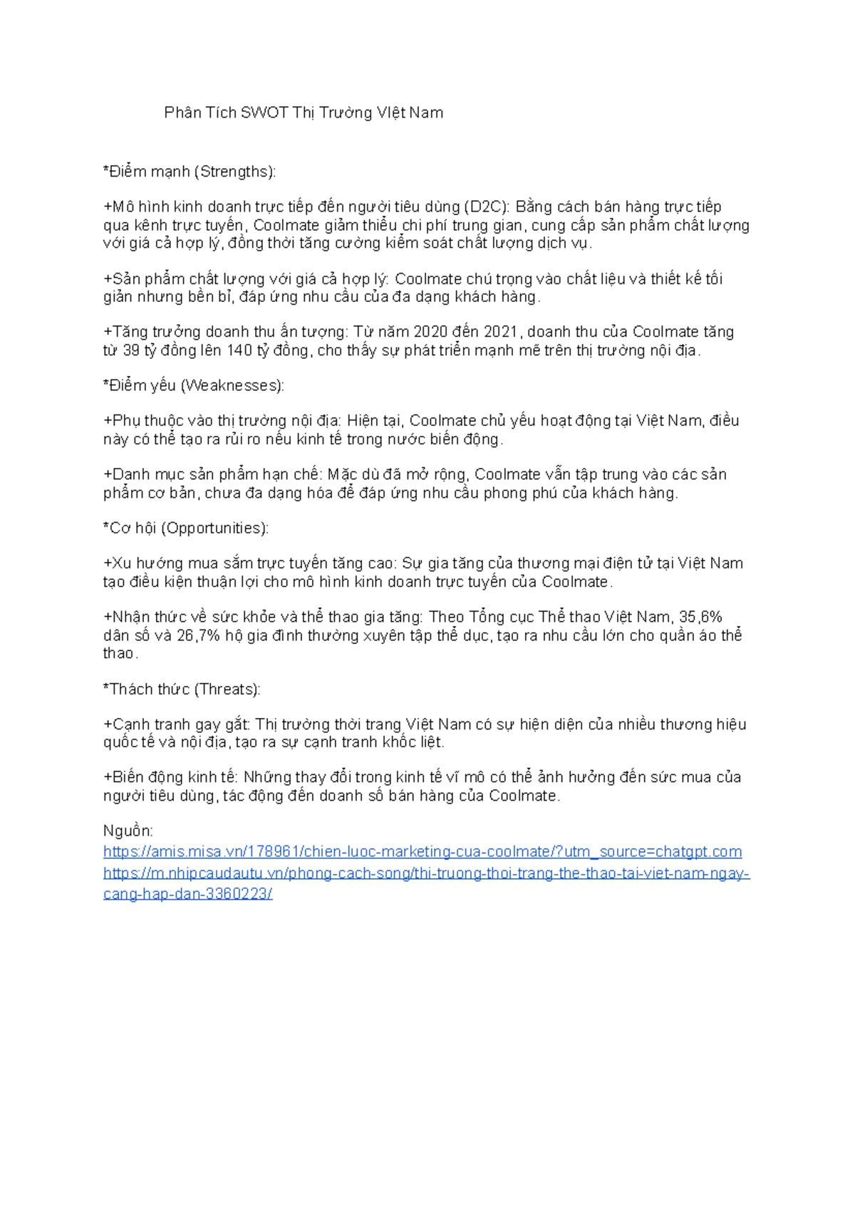 SWOT Analysis of Coolmate in the Vietnamese Market - Studocu