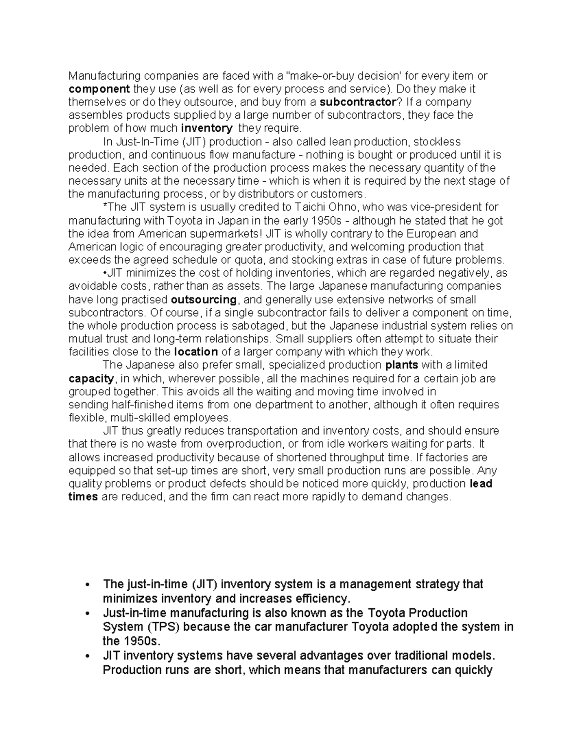 JIT Inventory Management and Outsourcing in Manufacturing (1d1e) - Studocu