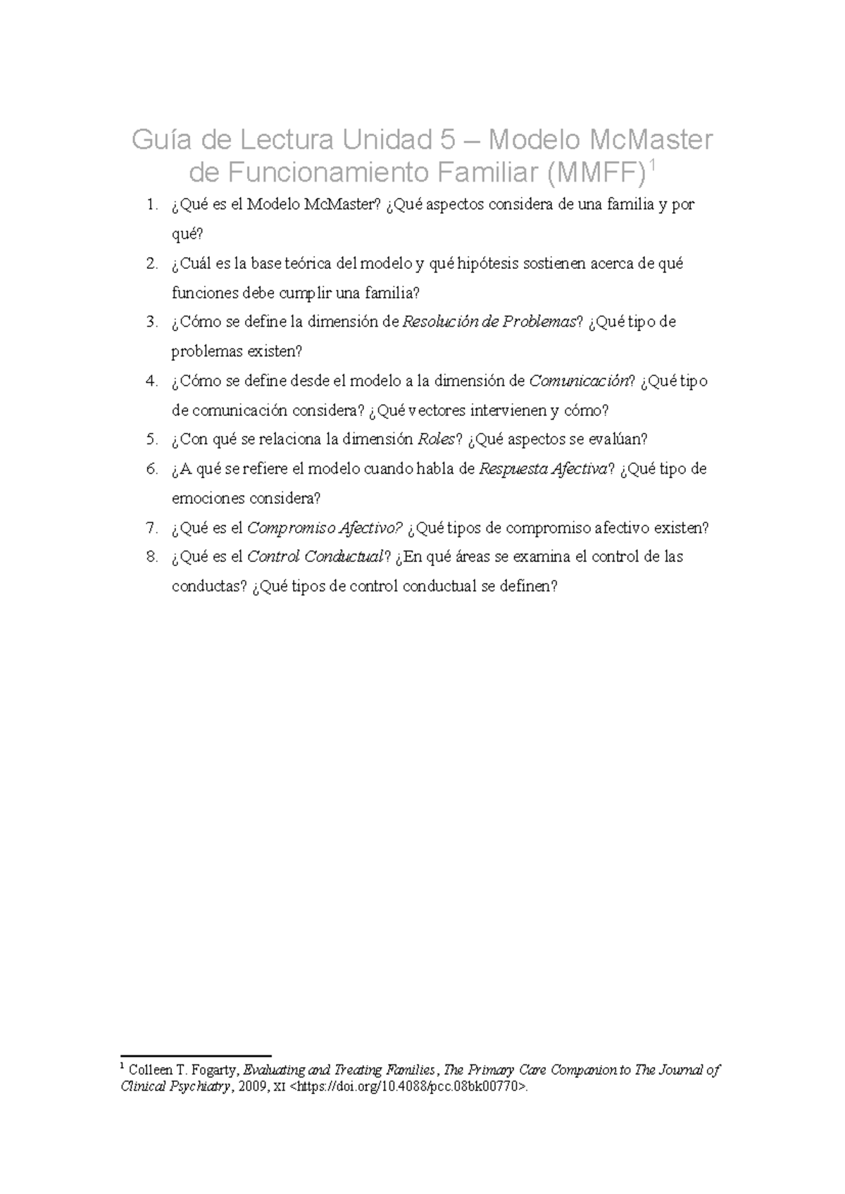 Guía de Lectura Unidad 5 - Modelo McMaster (MMFF) para Funcionamiento Familiar - Studocu
