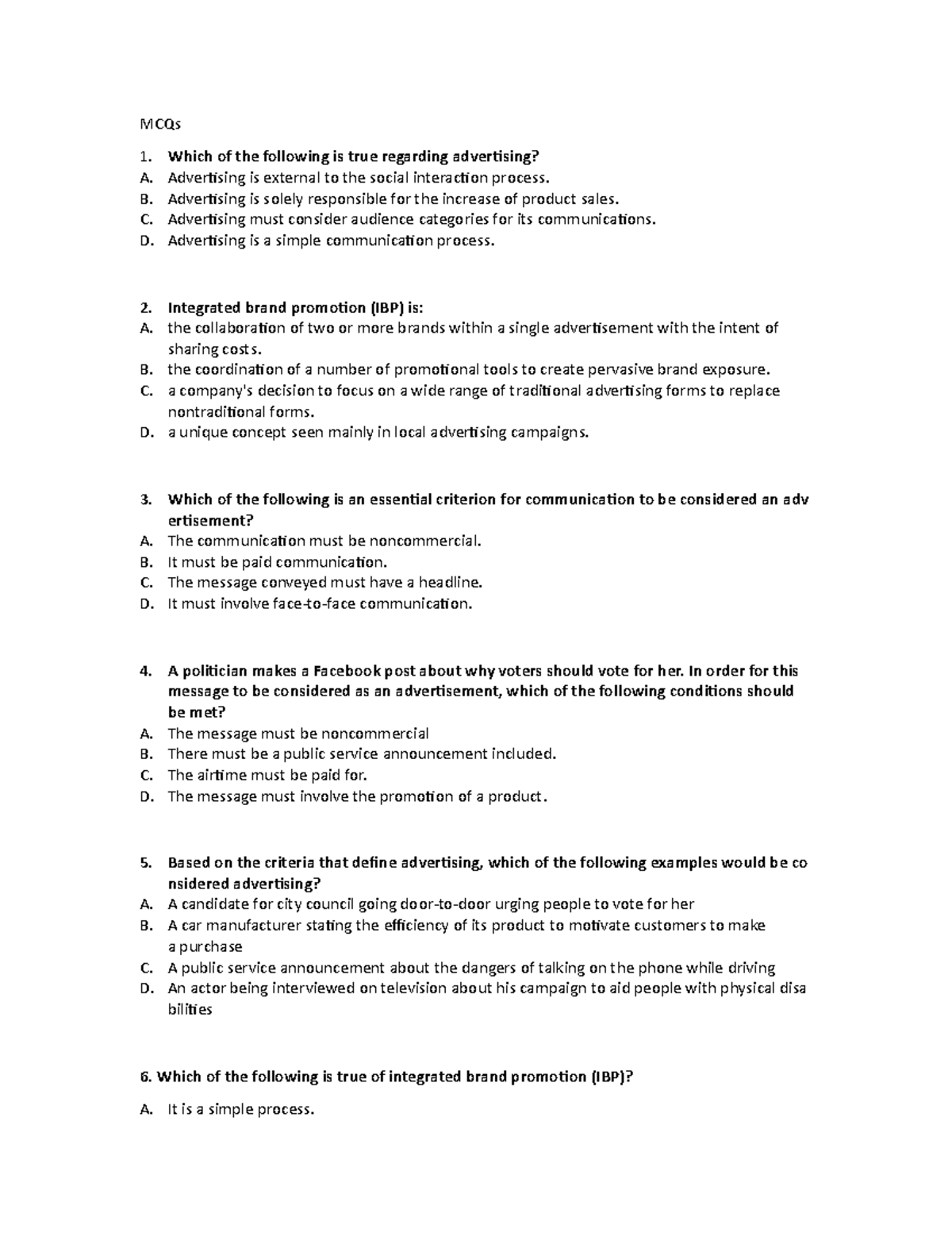 Quiz Bank 1 - Advertising Concepts and Integrated Brand Promotion - Studocu