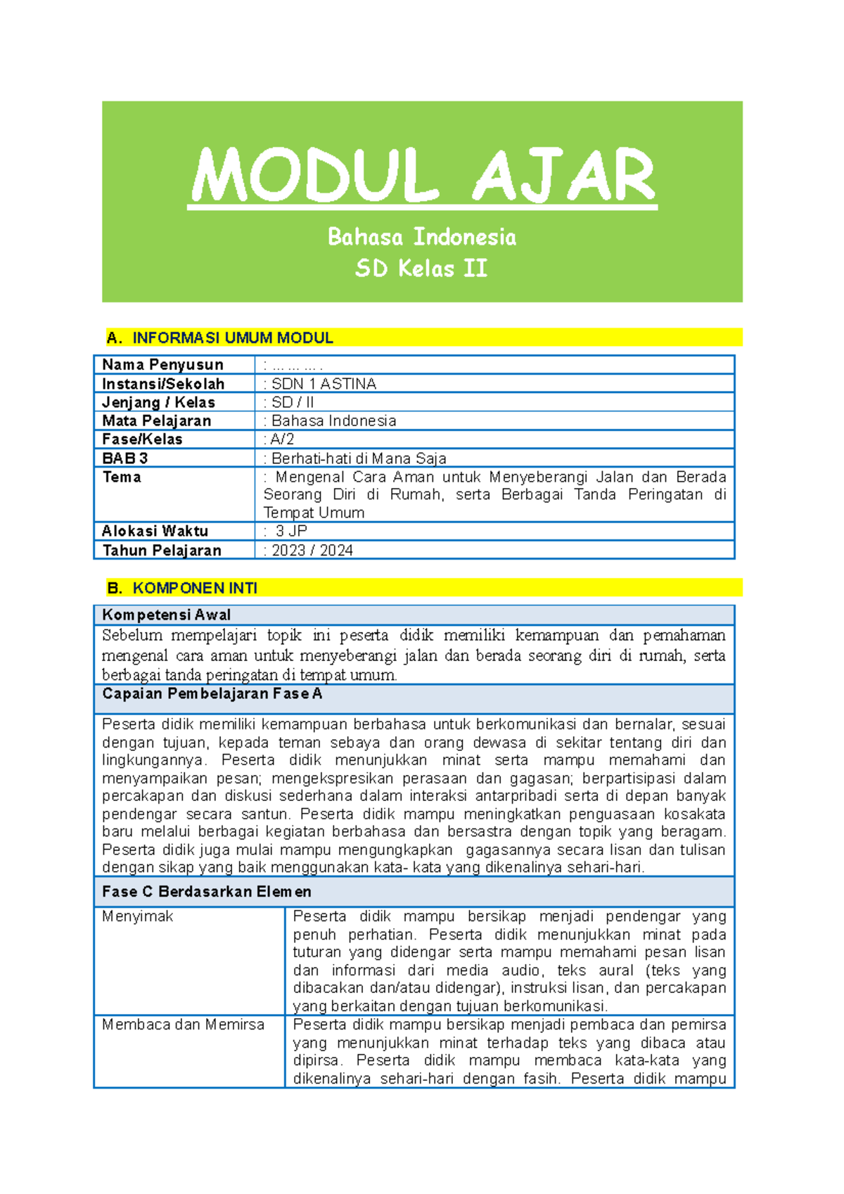 Modul Ajar Bahasa Indonesia SD Kelas II: Berhati-hati di Mana Saja 2023 ...