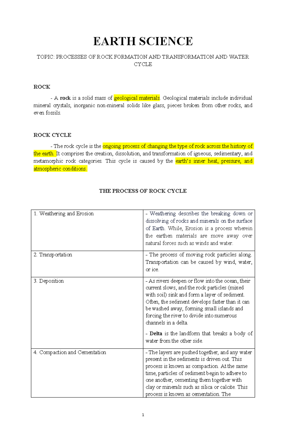 Water and rock cycle - EARTH SCIENCE TOPIC: PROCESSES OF ROCK FORMATION ...