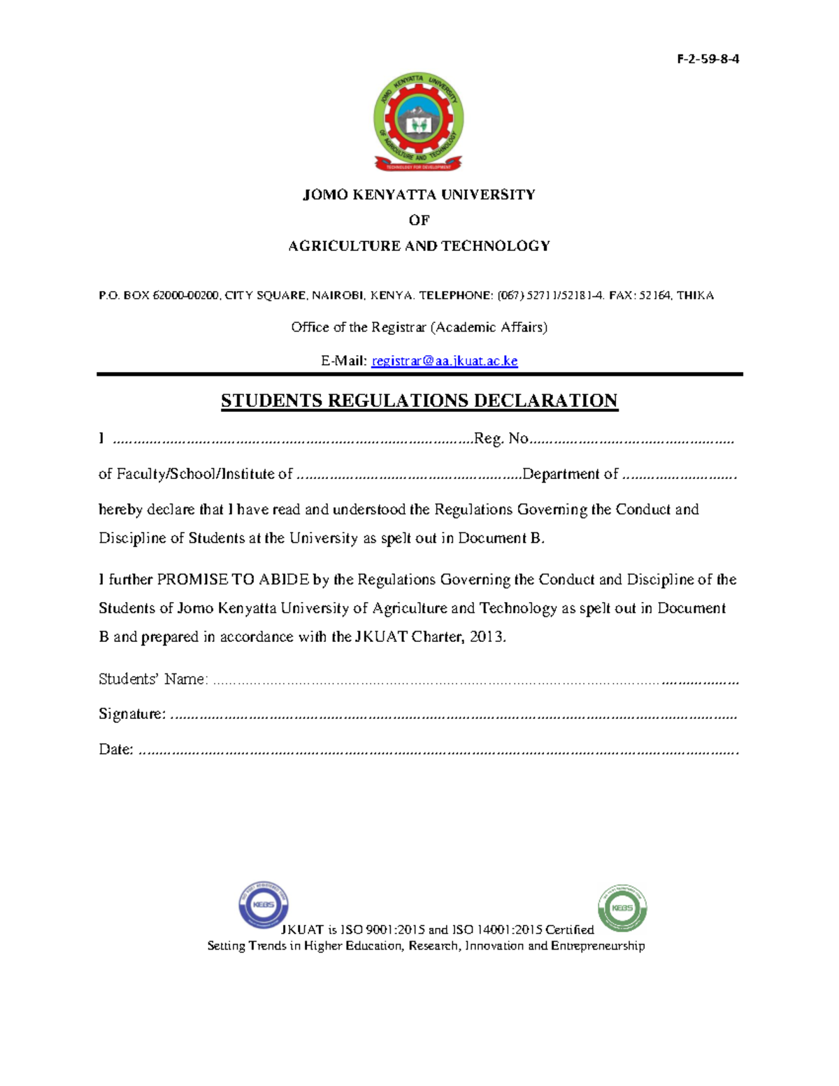 JKUAT Student Regulations Declaration Form - Studocu