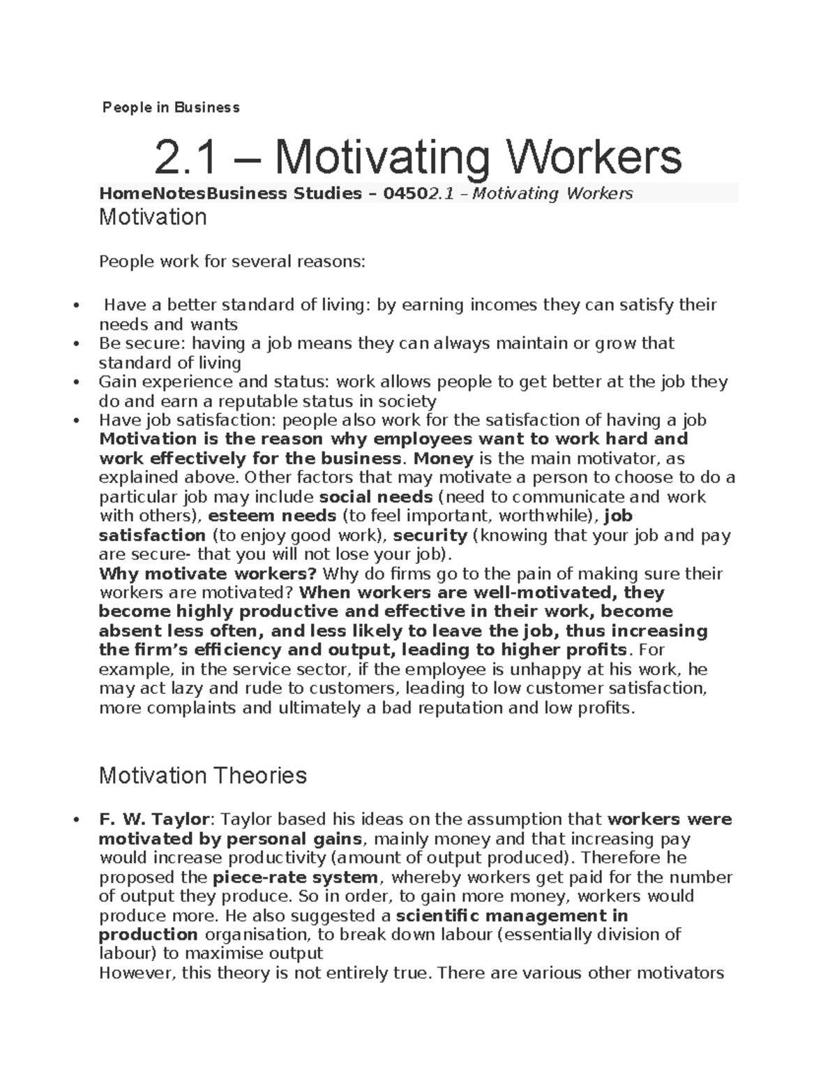 Business Studies 0450: Motivating Workers & Org Management Notes - Studocu